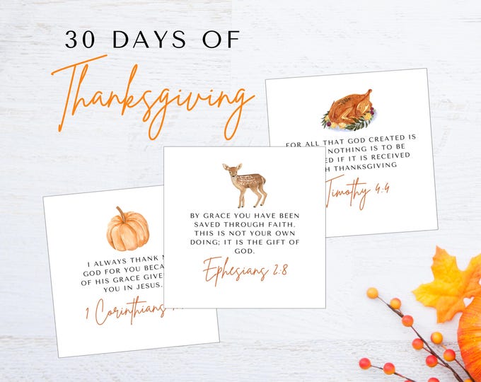 30 Days of Thanksgiving Printable Card Set: Full Bible Verse Version ...