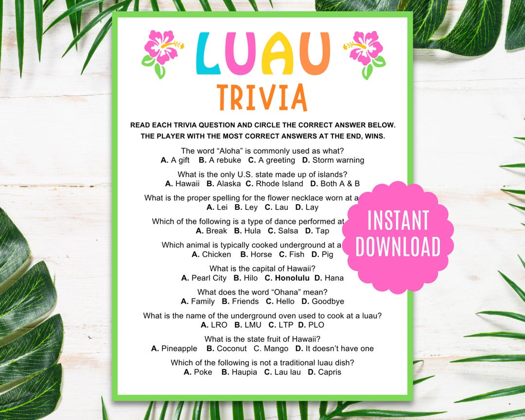 Luau Trivia | Luau Game | Aloha Game | Luau Party Game | Luau Party ...