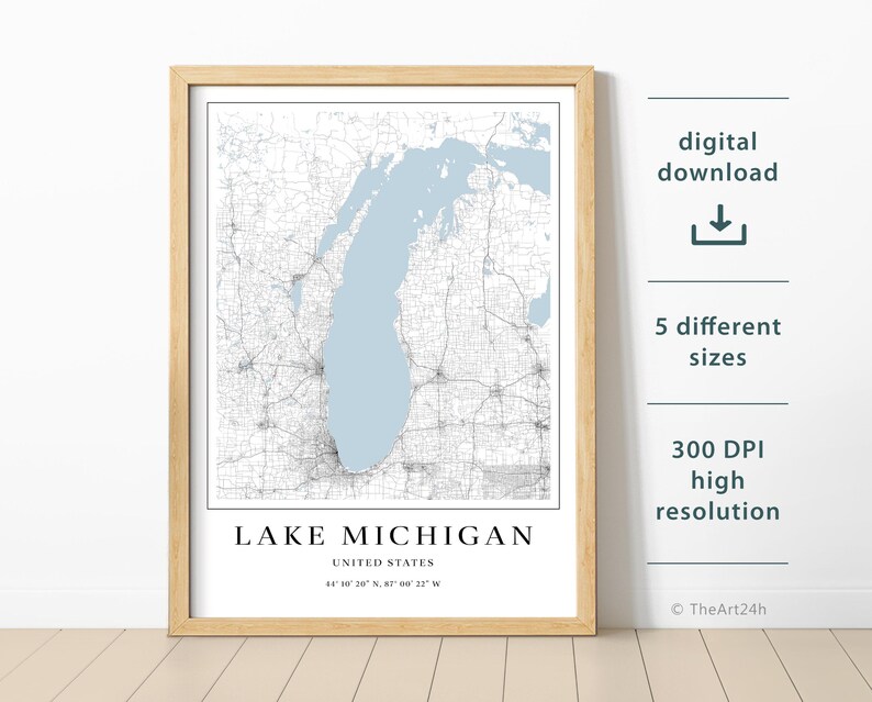 Lake Michigan Map - Lake Map - Instant Download, Printable Map Poster ...