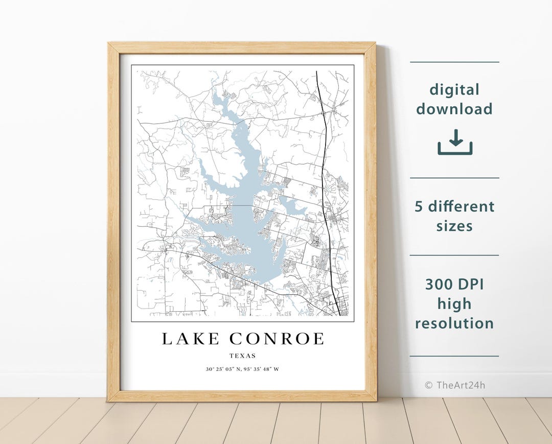 Lake Conroe Map - Lake Map - Instant Download, Printable Map Poster ...