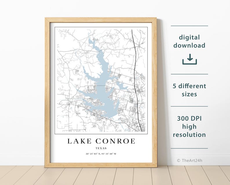 Lake Conroe Map - Lake Map - Instant Download, Printable Map Poster ...