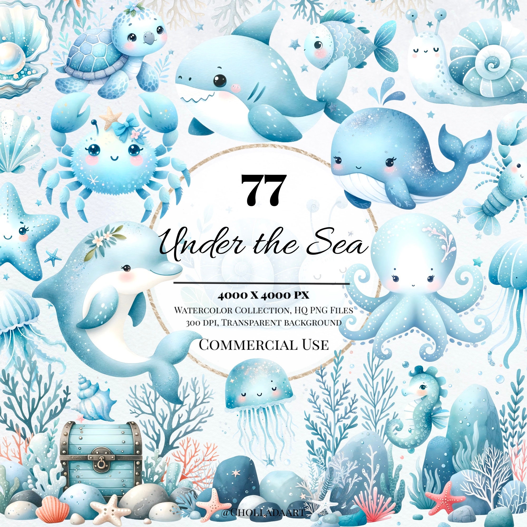 Under the Sea Clipart, Little Sea Animals Clipart, Undersea Watercolor ...