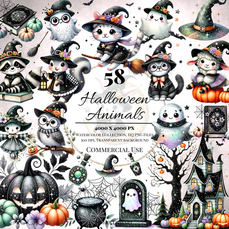 Watercolor Halloween Animals Clipart, Halloween Animal PNG, Cute ...