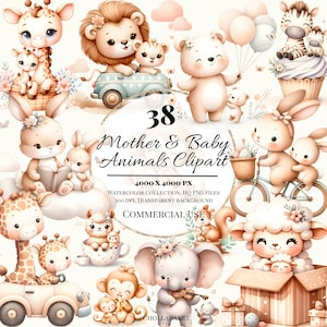 Watercolor Mother and Baby Animals Clipart, Animal PNG, Mother's Day ...