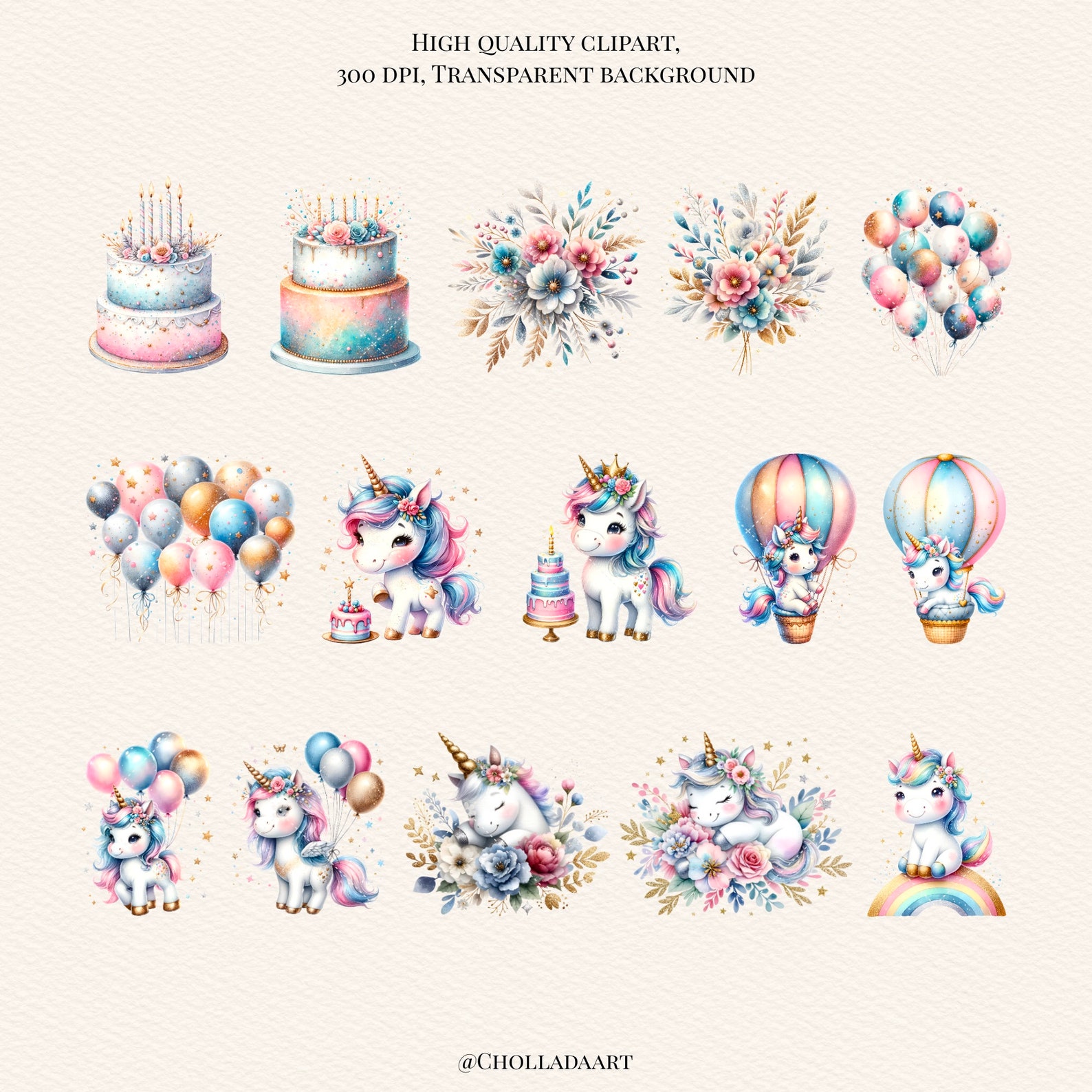 Unicorns Birthday Clipart, Cute Unicorns Clipart, Unicorn Watercolor ...