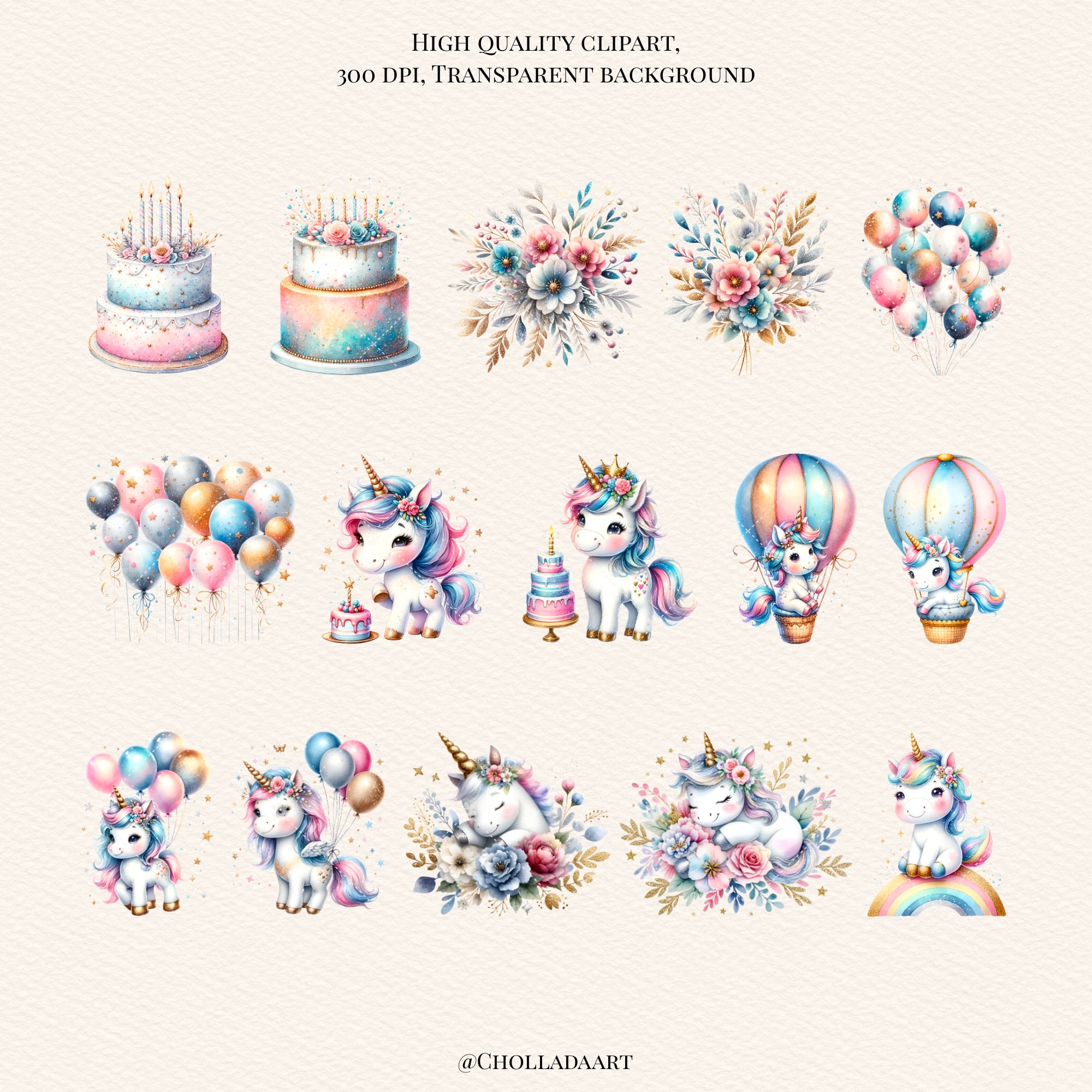 Unicorns Birthday Clipart, Cute Unicorns Clipart, Unicorn Watercolor ...