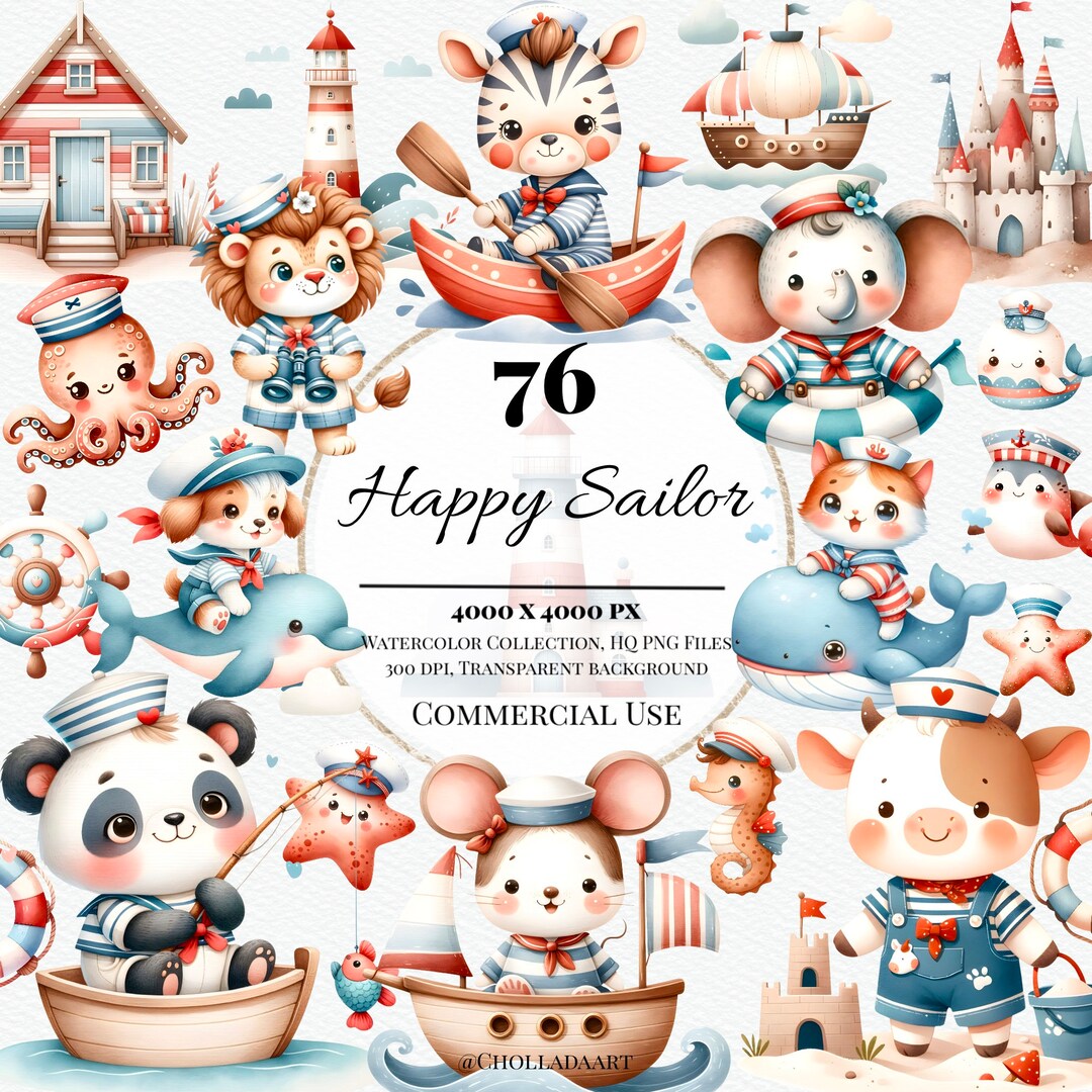 Watercolor Happy Sailor Clipart, Cute Sailor Animals Clipart, Nautical ...