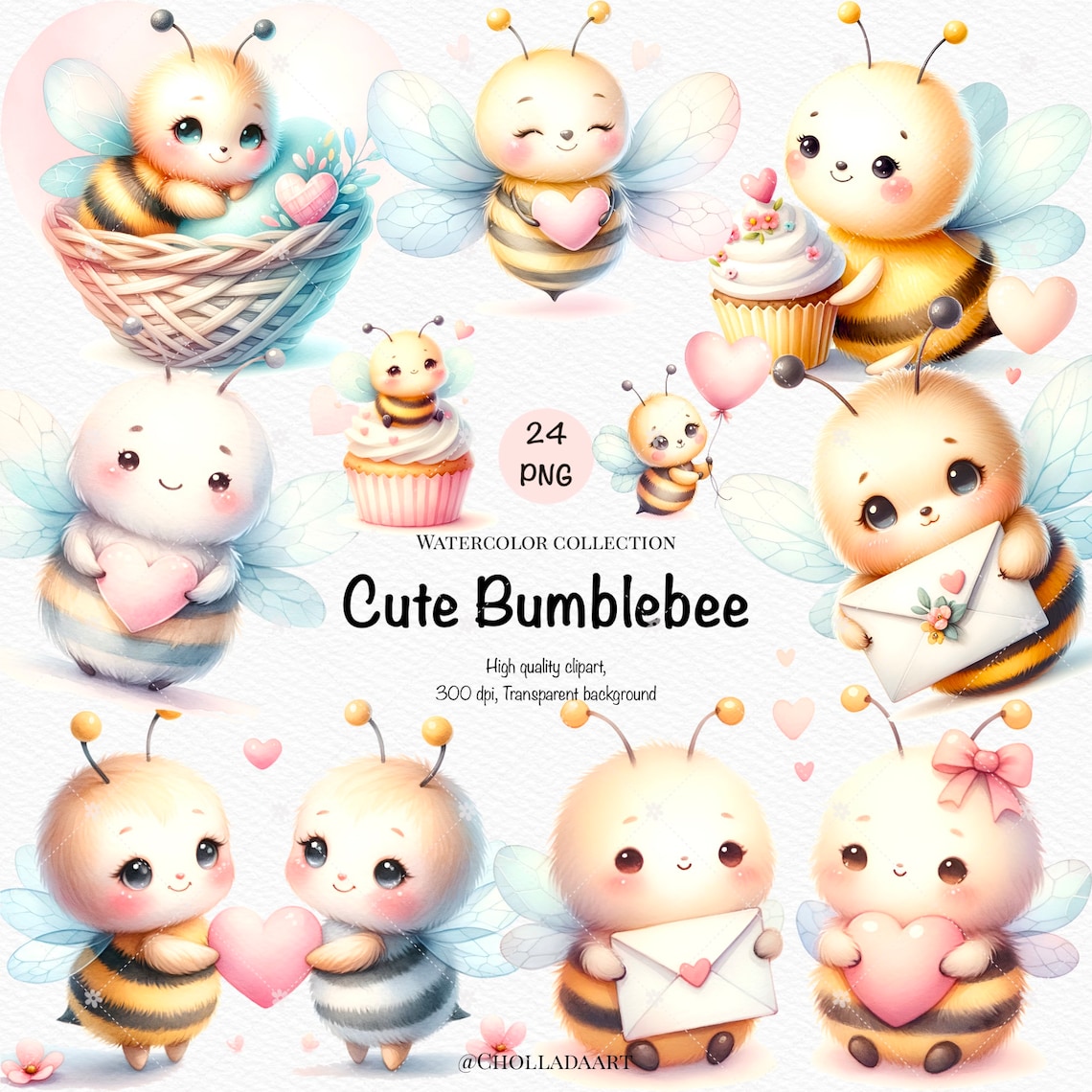 Watercolor Bumblebee Clipart, Bee Valentine PNG, Valentine Animal ...