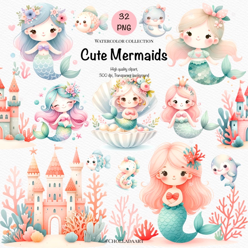 Cute Mermaid Clipart, Watercolor Cute Mermaid Clipart Png, Mermaid ...