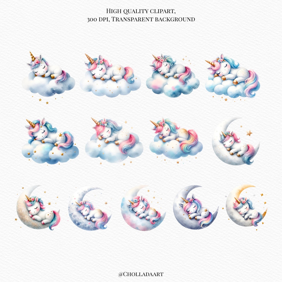 Watercolor Sleepy Unicorn Clipart, Sleepy Unicorn Clipart, Cute Unicorn ...