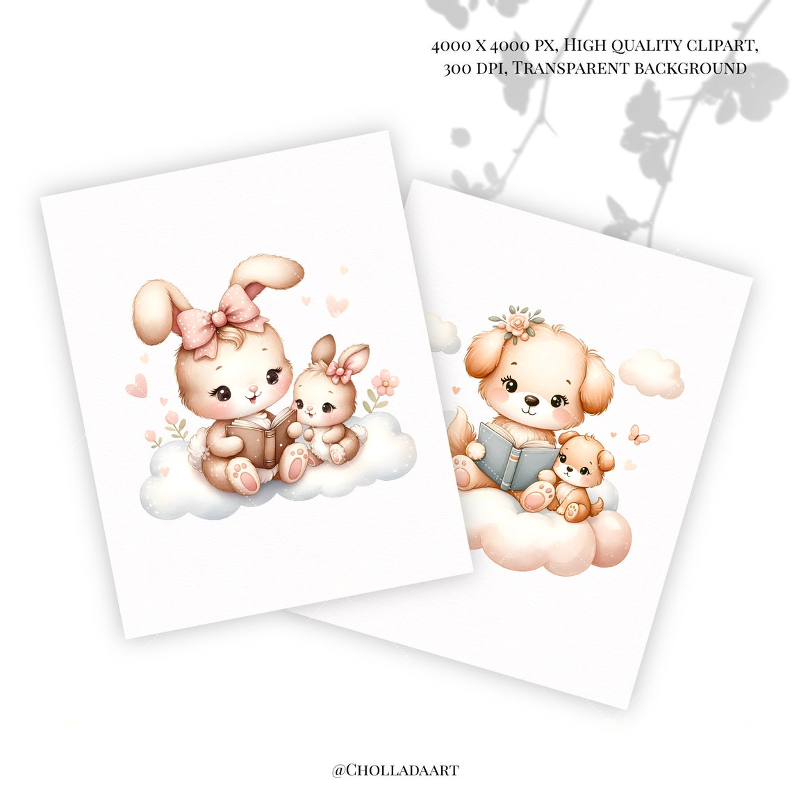 Watercolor Cute Mom and Baby Animals Clipart, Animals Reading Book ...