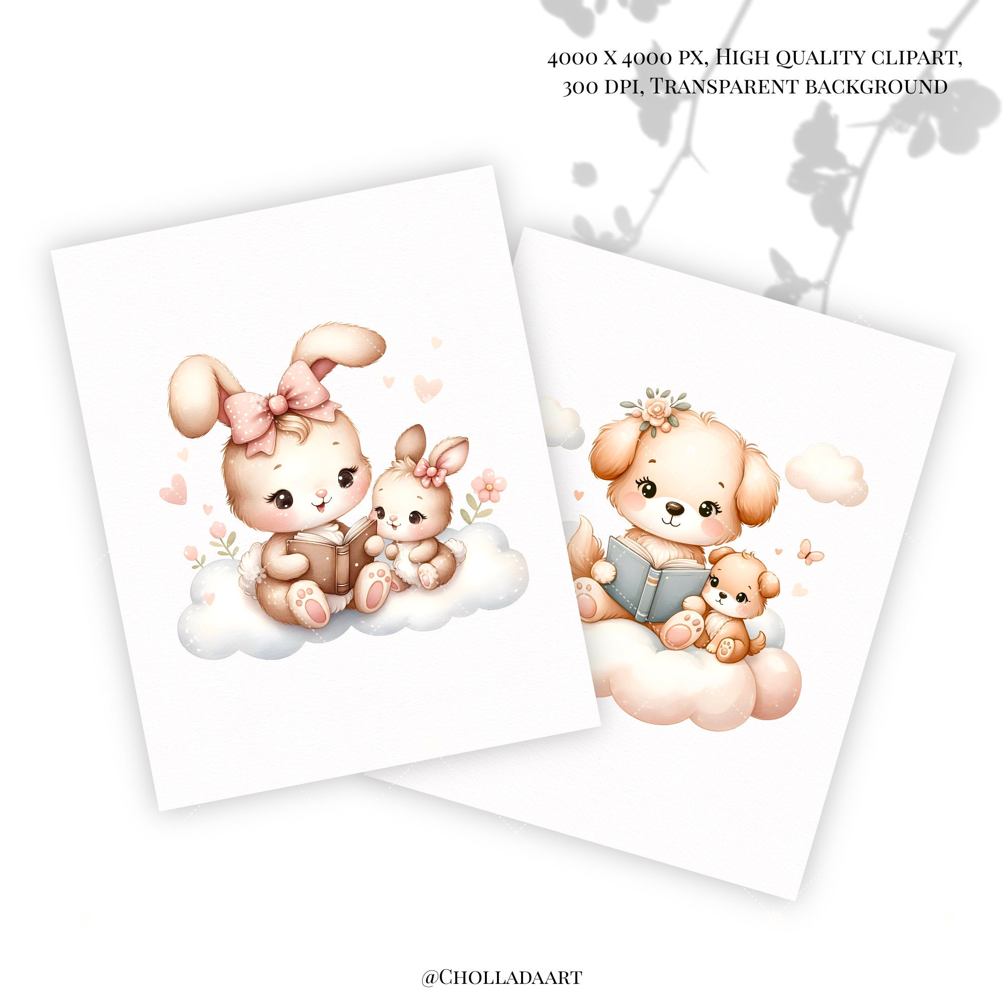 Watercolor Cute Mom and Baby Animals Clipart, Animals Reading Book ...