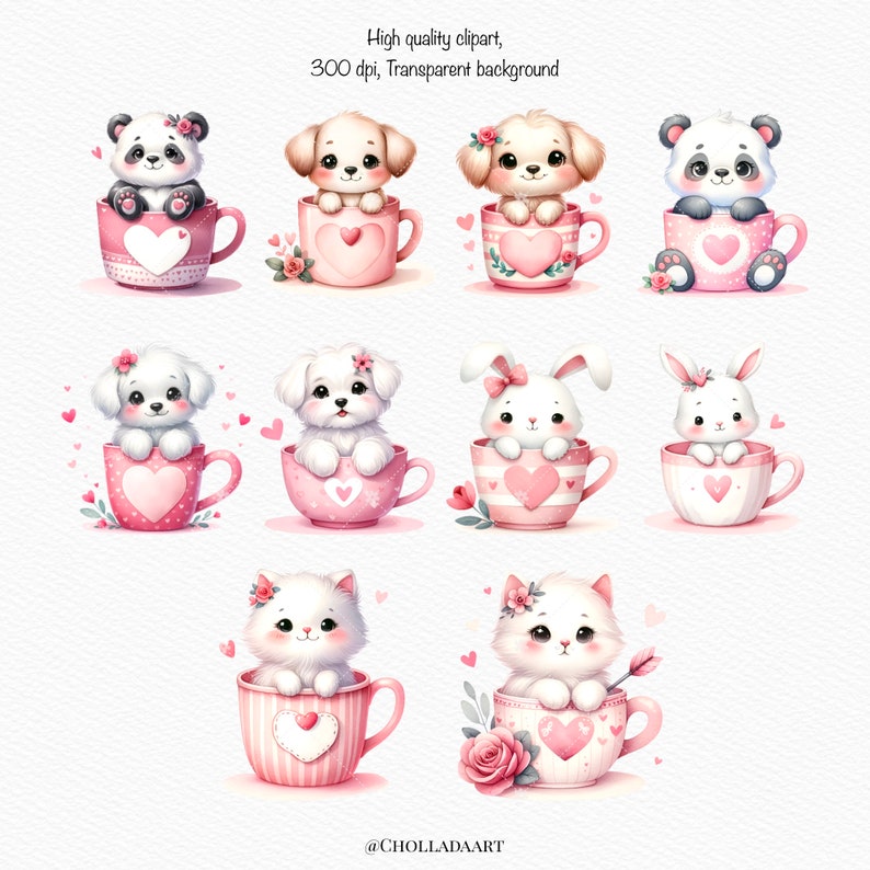Valentines Animal in a Mug Clipart, Animal Valentines Watercolor, Cute ...