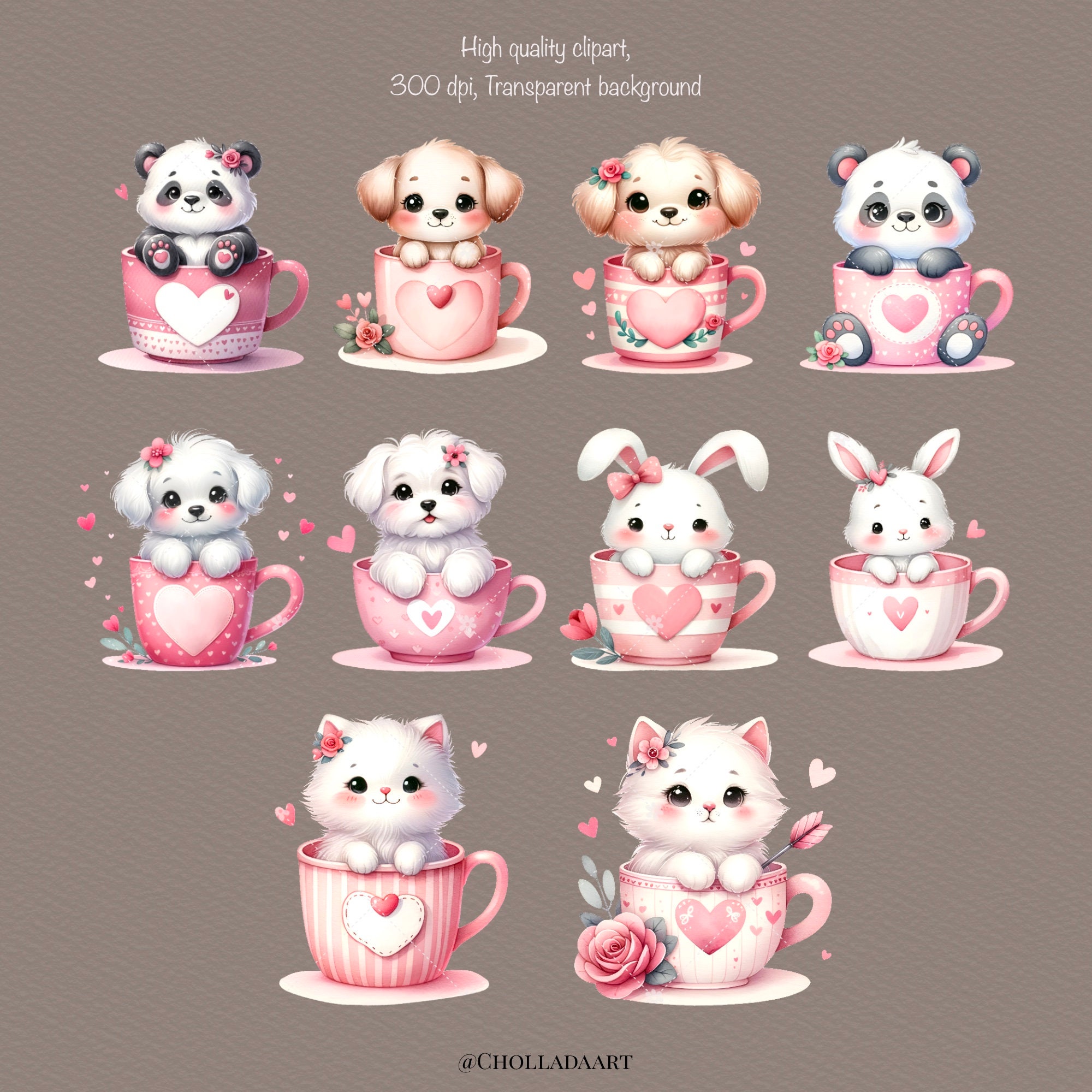 Valentines Animal in a Mug Clipart, Animal Valentines Watercolor, Cute ...