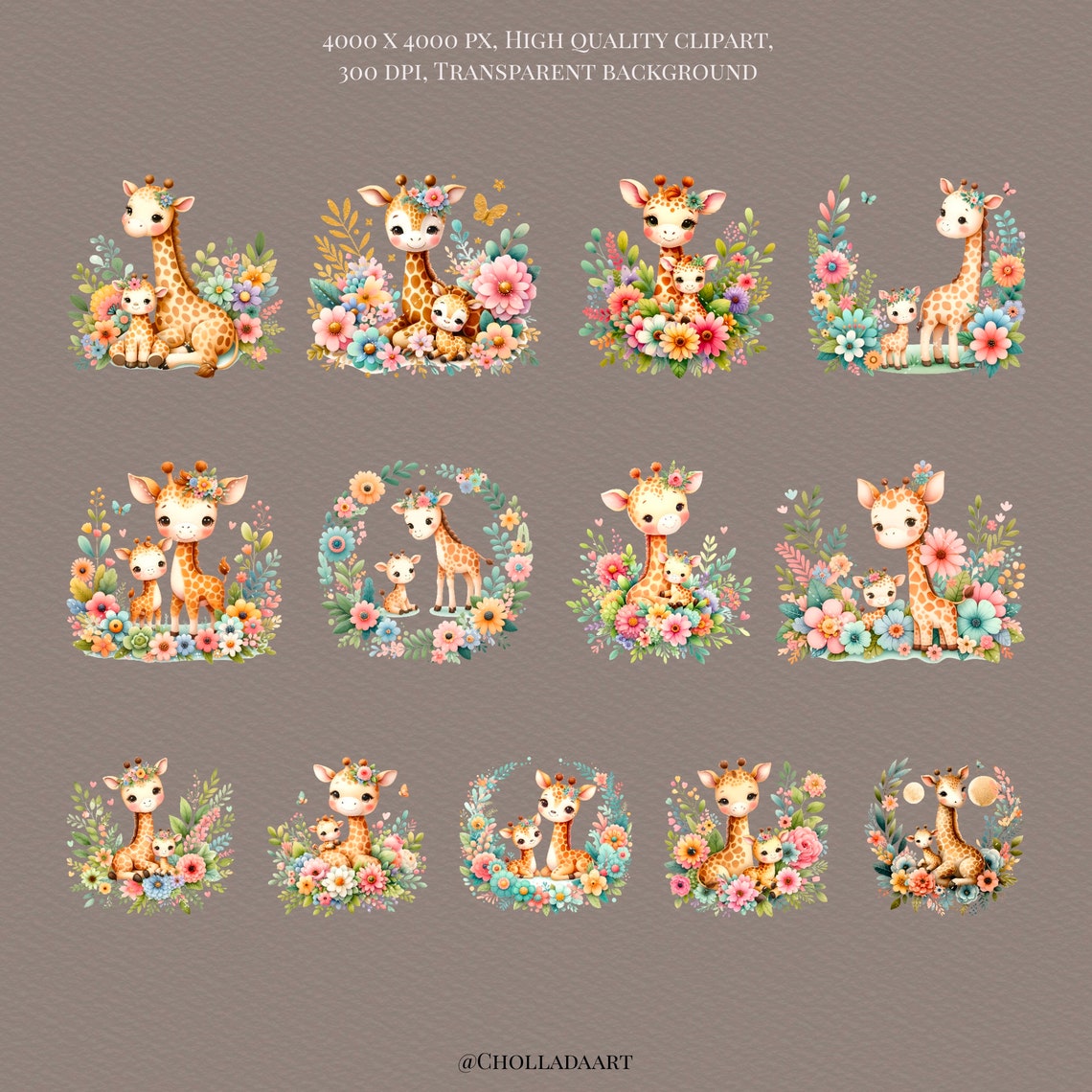 Watercolor Mother and Baby Giraffe Clipart, Giraffe Clipart, Baby ...