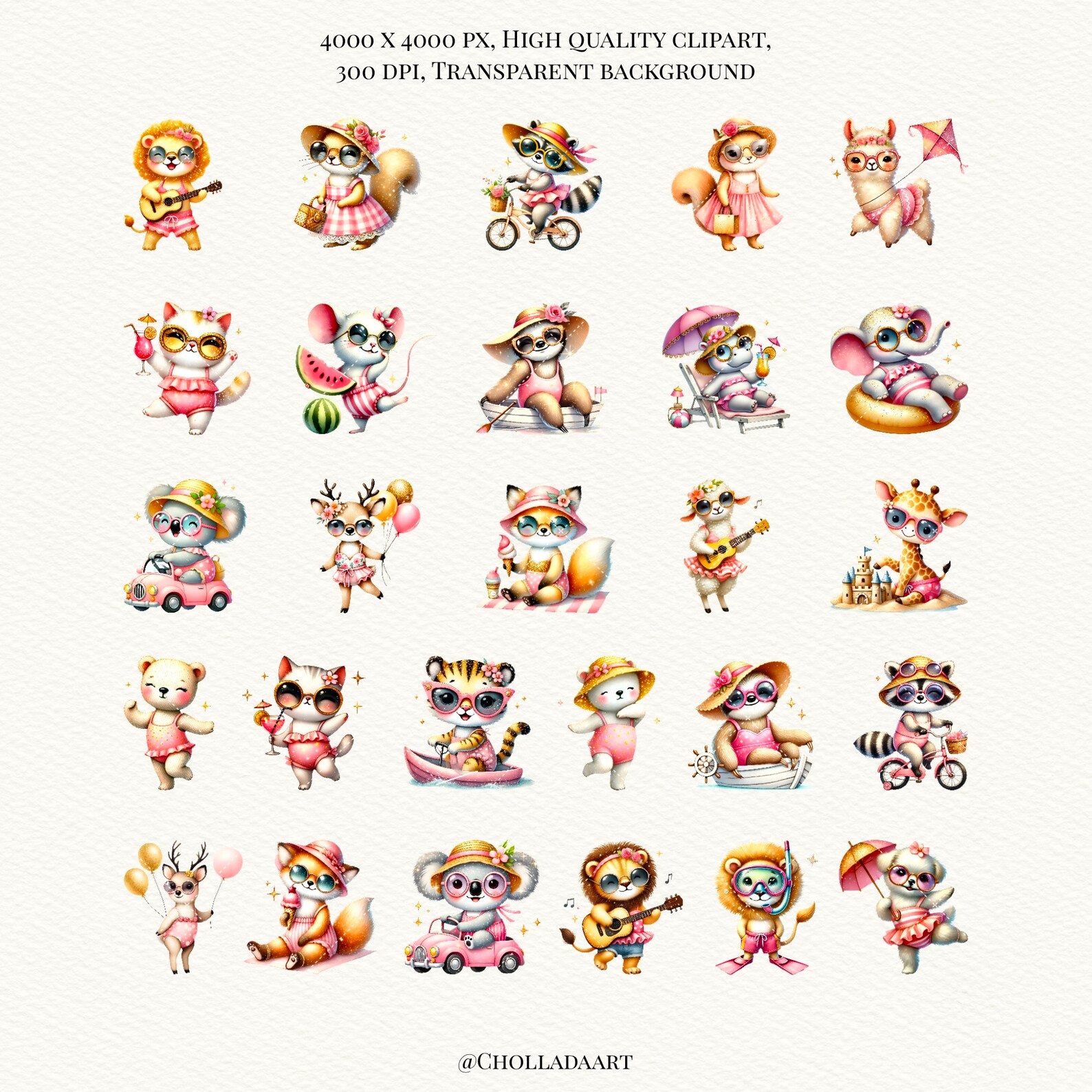 Hello Summer Animals Clipart, Watercolor Summer Animals Clipart, Summer ...