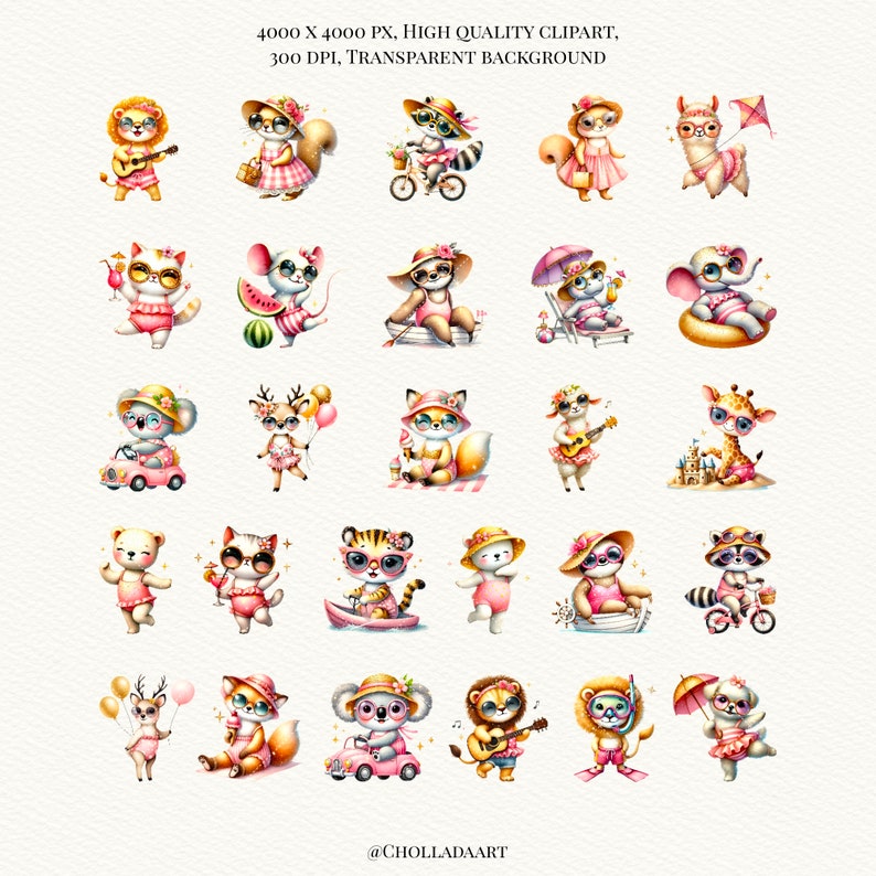 Hello Summer Animals Clipart, Watercolor Summer Animals Clipart, Summer ...