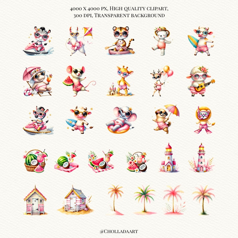 Hello Summer Animals Clipart, Watercolor Summer Animals Clipart, Summer ...