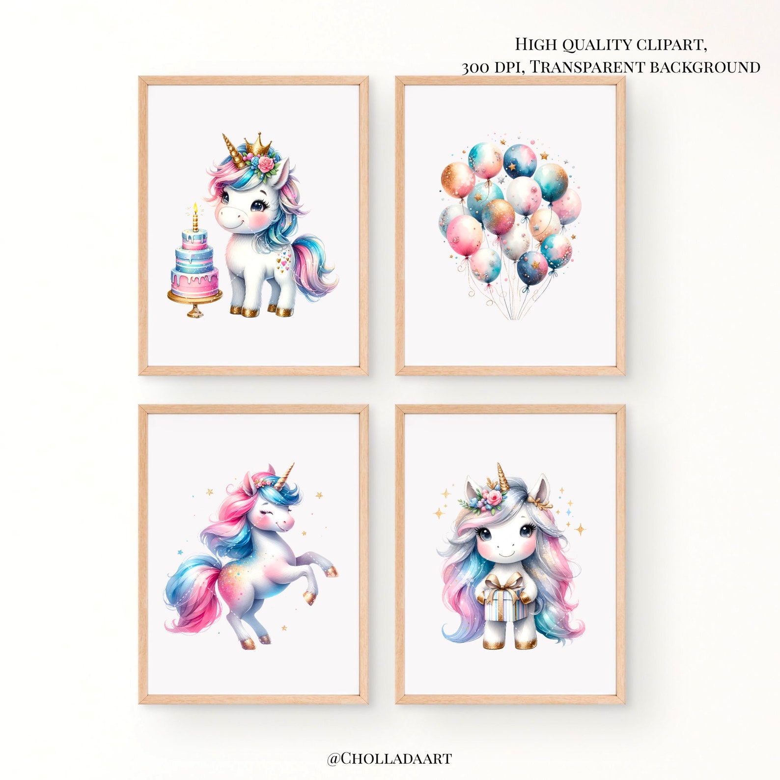 Unicorns Birthday Clipart, Cute Unicorns Clipart, Unicorn Watercolor ...