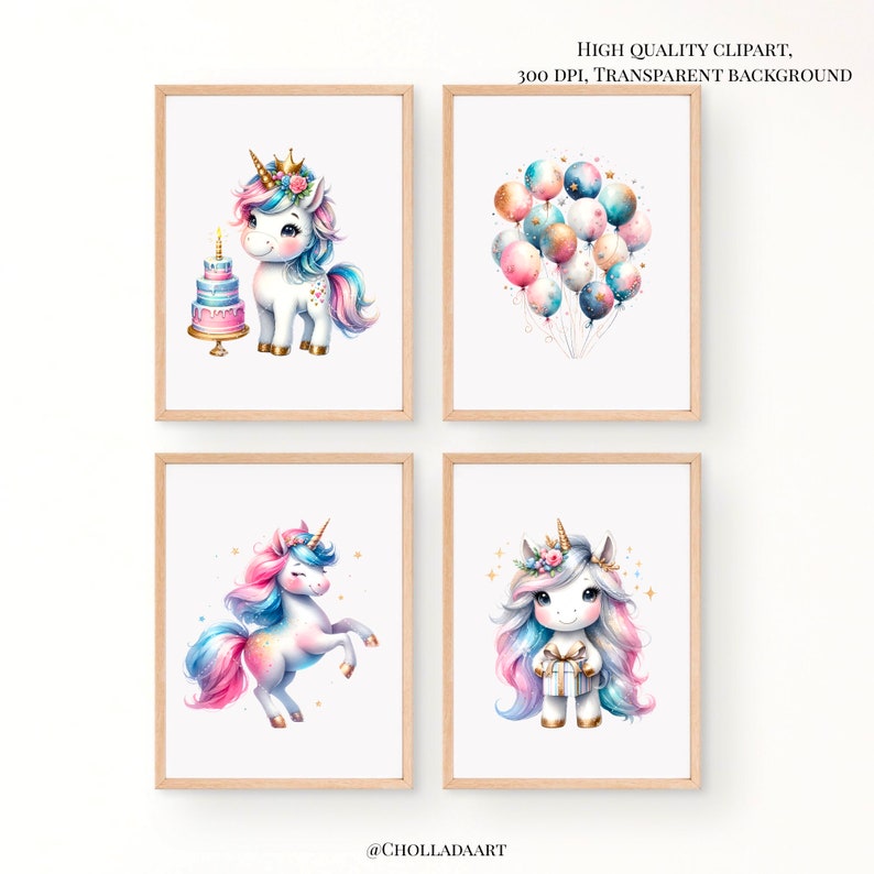 Unicorns Birthday Clipart, Cute Unicorns Clipart, Unicorn Watercolor ...
