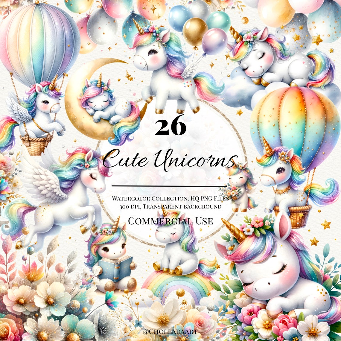 Cute Unicorns Clipart, Unicorn Watercolor Clipart, Unicorn Clipart ...