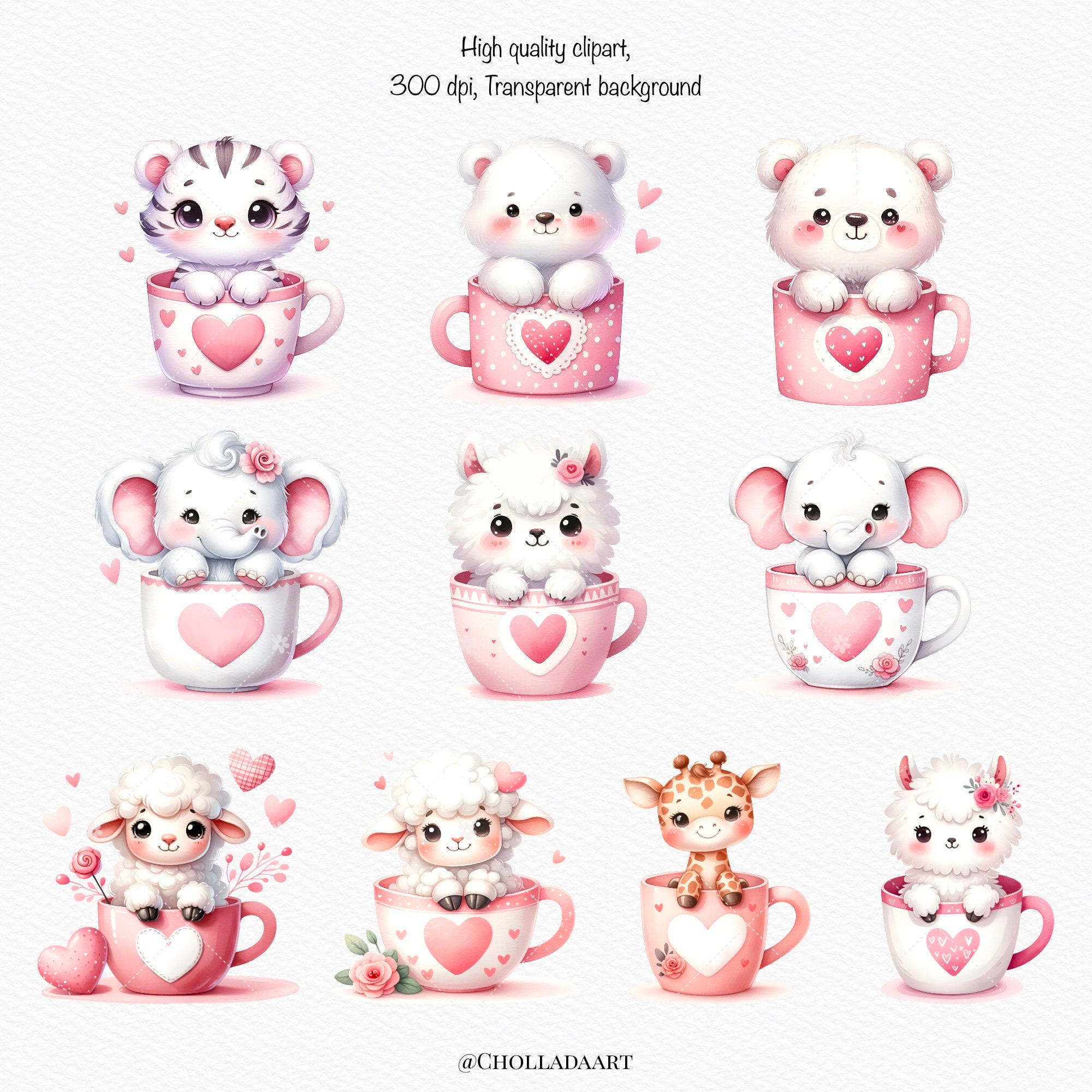 Valentines Animal in a Mug Clipart, Animal Valentines Watercolor, Cute ...