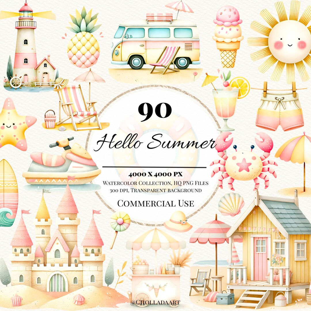 Watercolor Hello Summer Clipart, Watercolor Summer Clipart, Summer ...