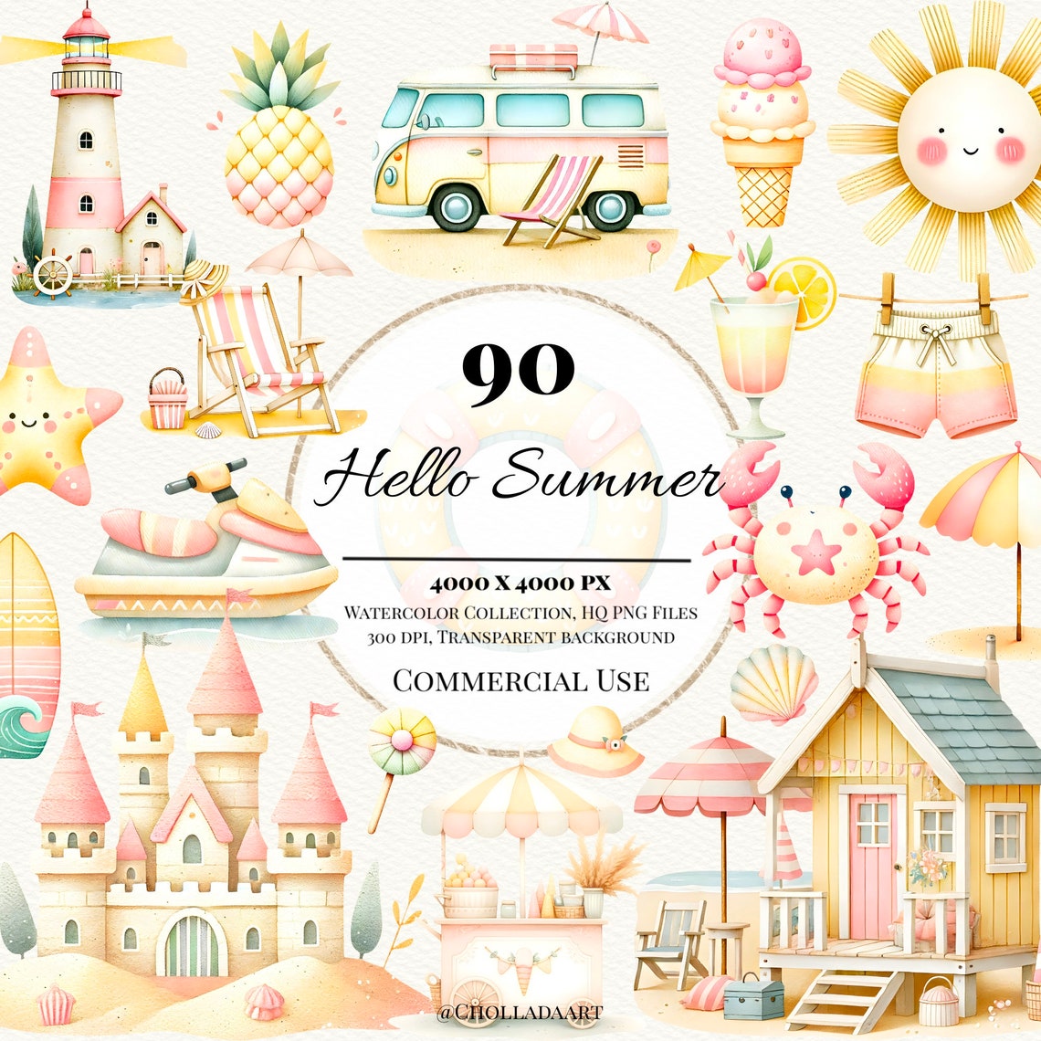 Watercolor Hello Summer Clipart, Watercolor Summer Clipart, Summer ...