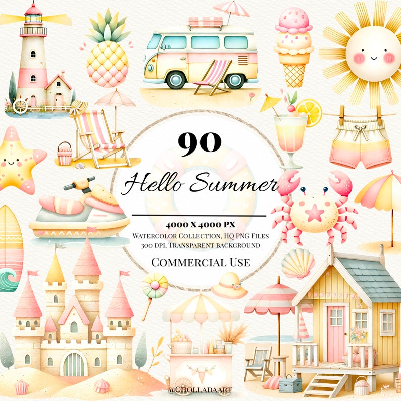 Watercolor Hello Summer Clipart, Watercolor Summer Clipart, Summer ...
