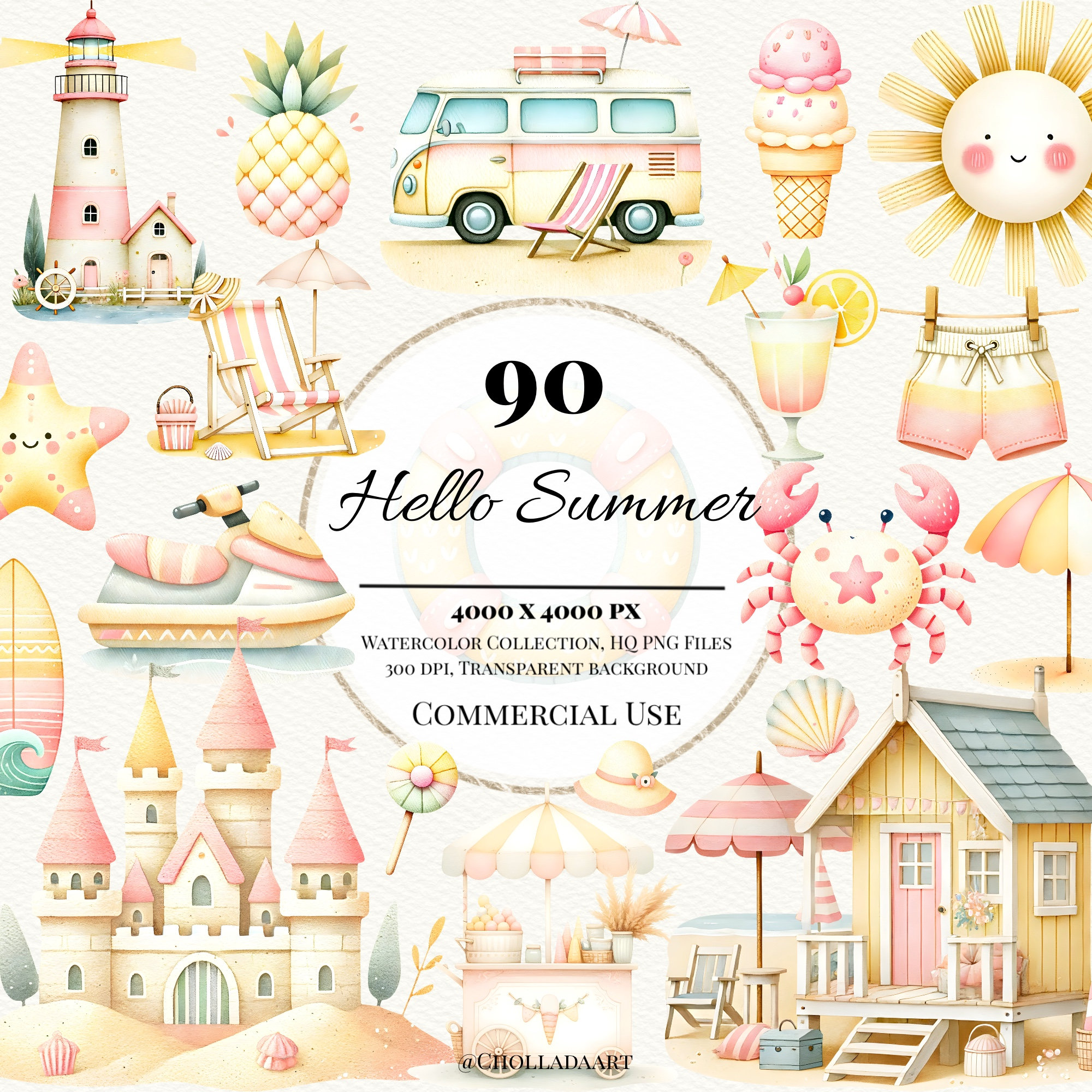 Watercolor Hello Summer Clipart, Watercolor Summer Clipart, Summer ...