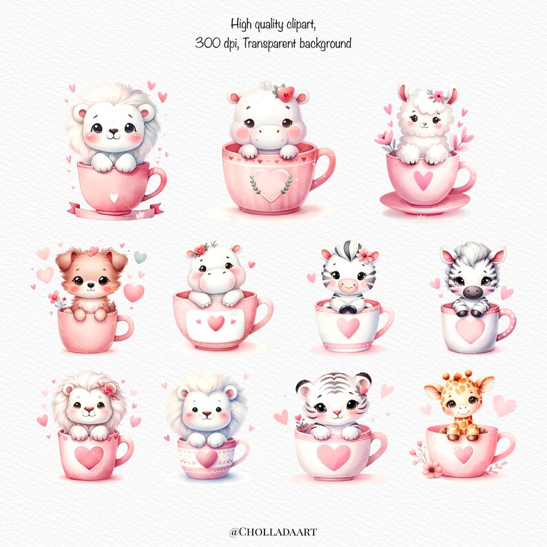 Valentines Animal in a Mug Clipart, Animal Valentines Watercolor, Cute ...