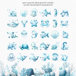 Under the Sea Clipart, Little Sea Animals Clipart, Undersea Watercolor ...
