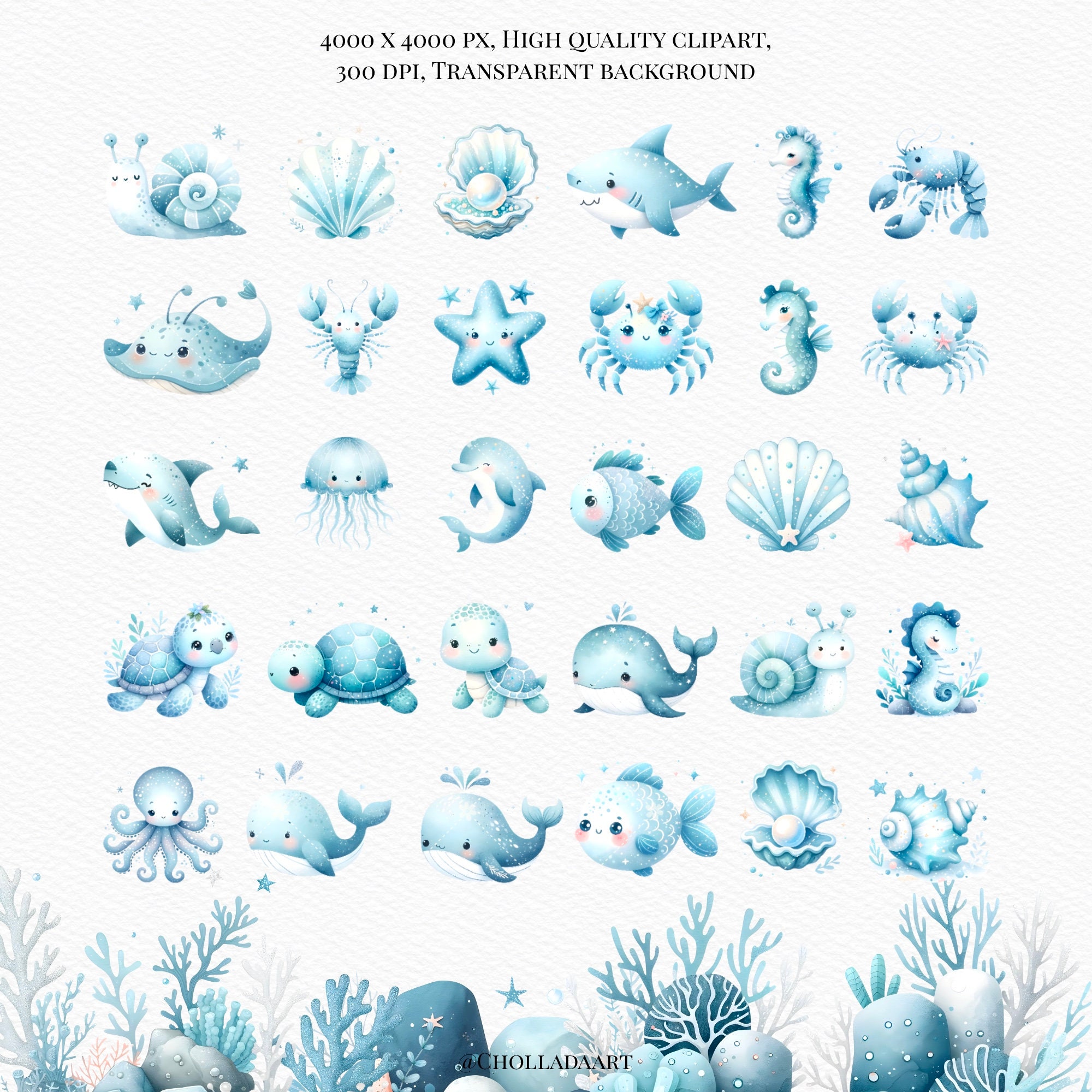 Under the Sea Clipart, Little Sea Animals Clipart, Undersea Watercolor ...