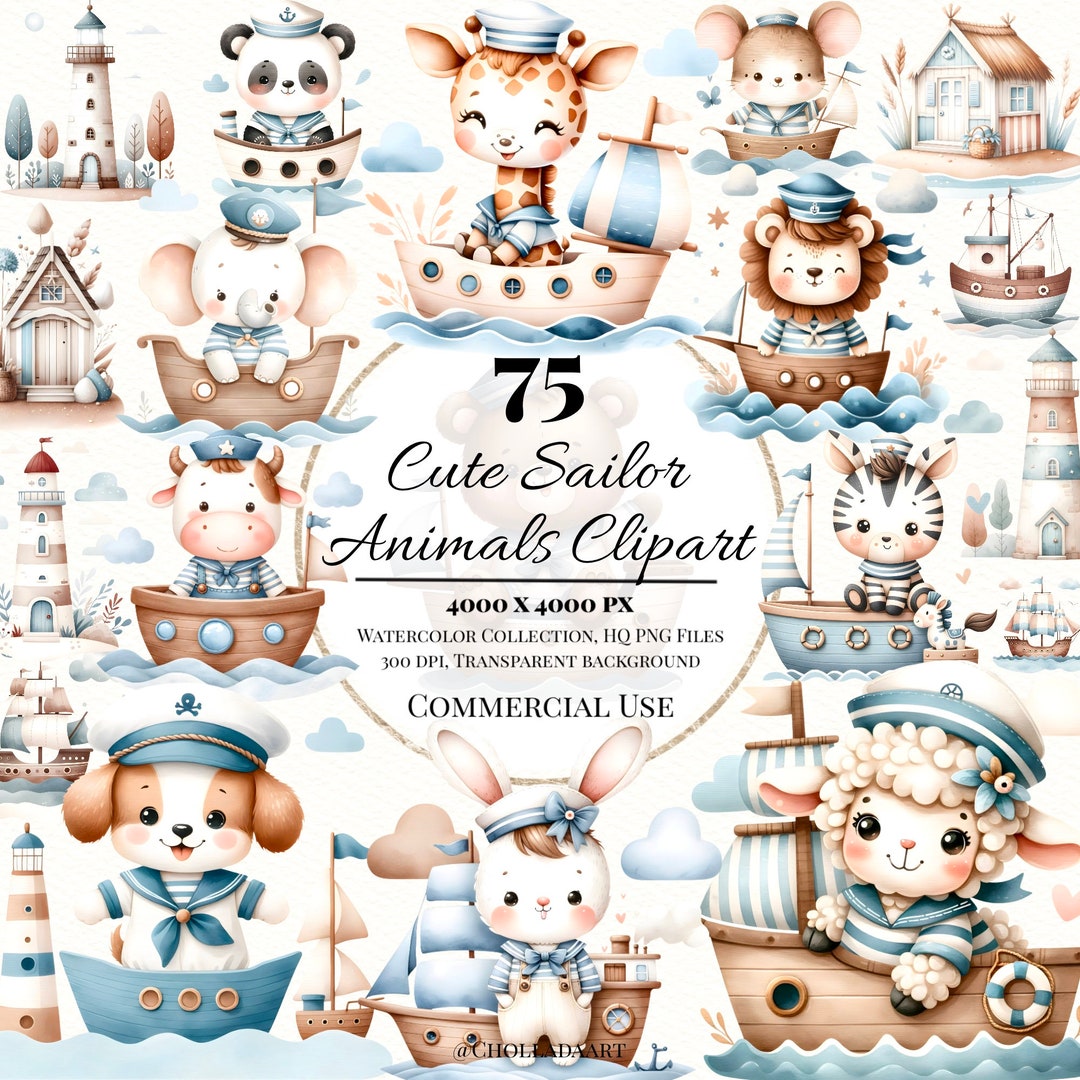 Cute Sailor Animal Clipart, Nautical Nursery Clipart, Ocean Clipart ...