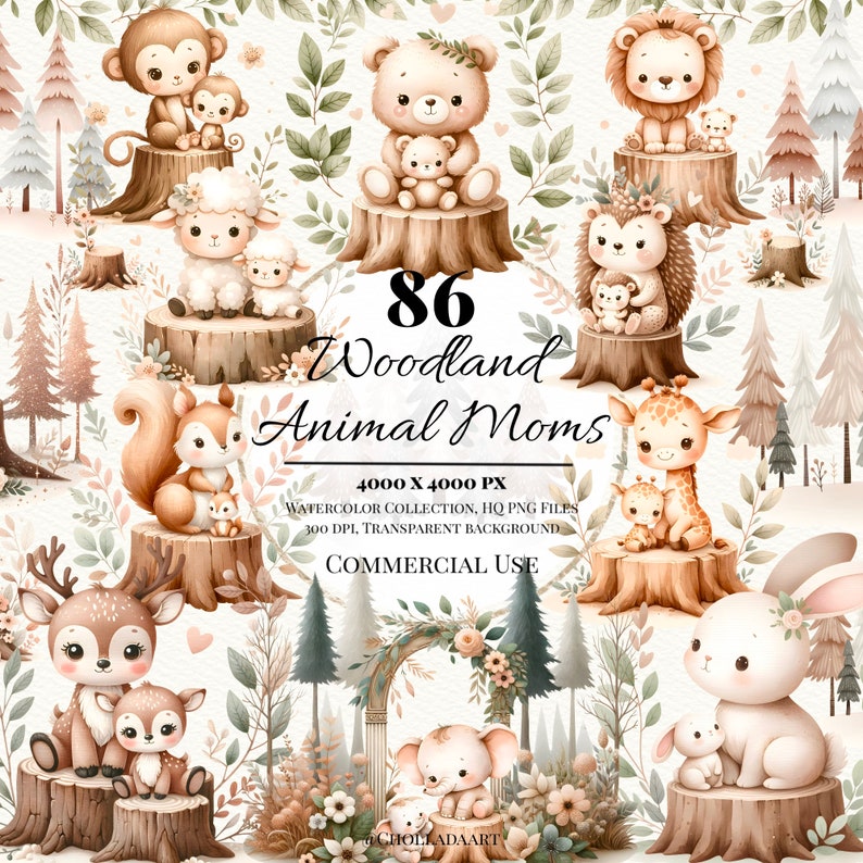 Woodland Animal Moms Clipart, Watercolor Mom and Baby Animals Clipart ...