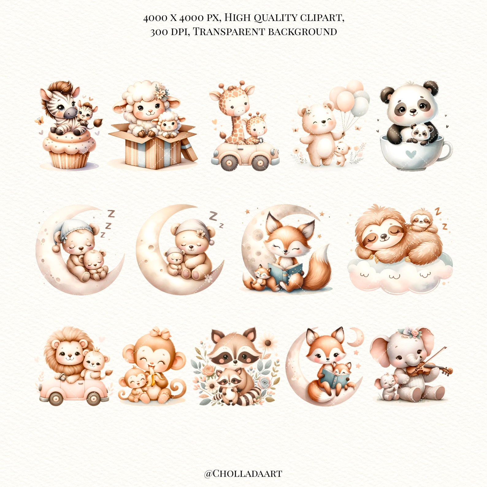 Watercolor Mother and Baby Animals Clipart, Animal PNG, Mother's Day ...