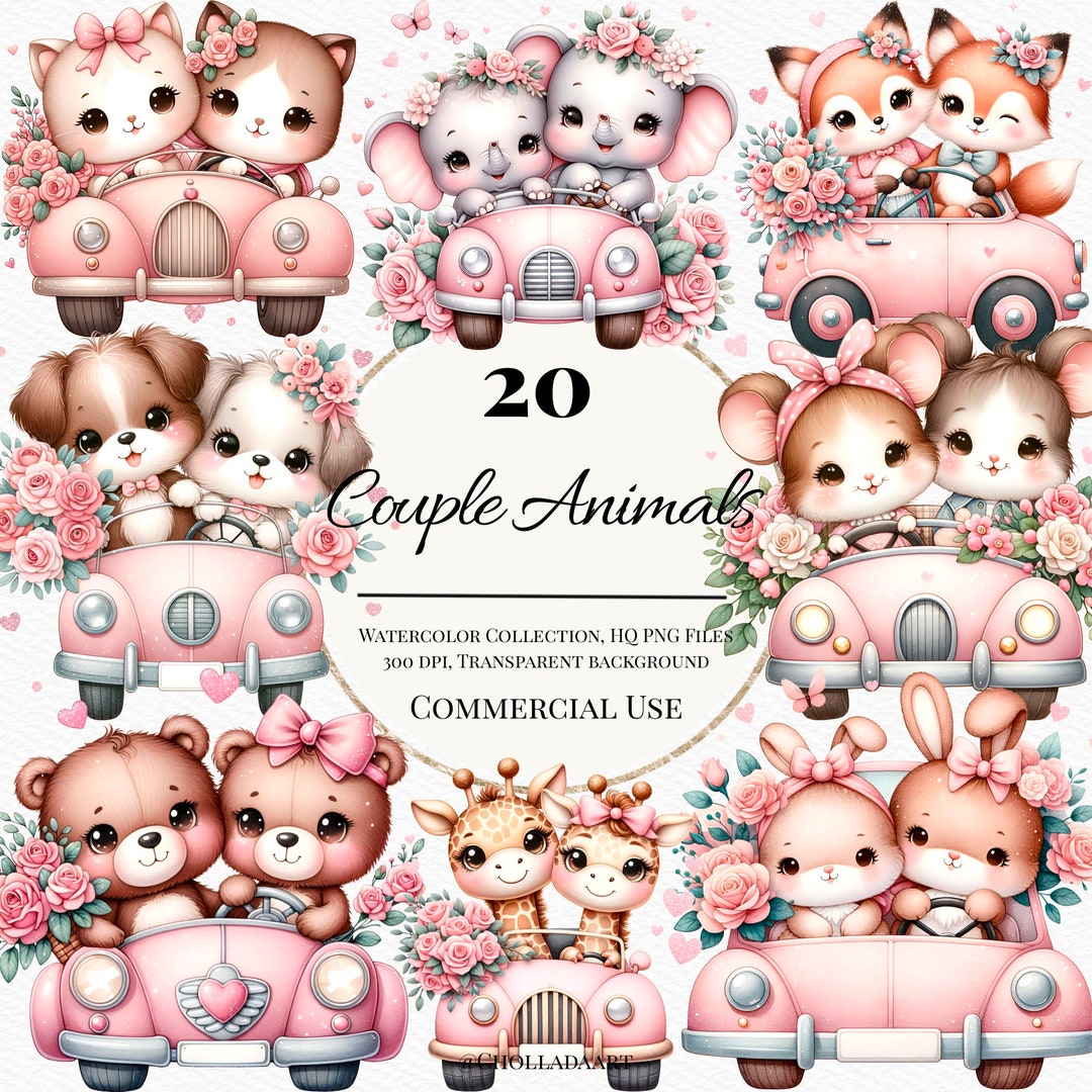 Couple Animal Loving Clipart, Watercolor Valentines Day Clipart ...