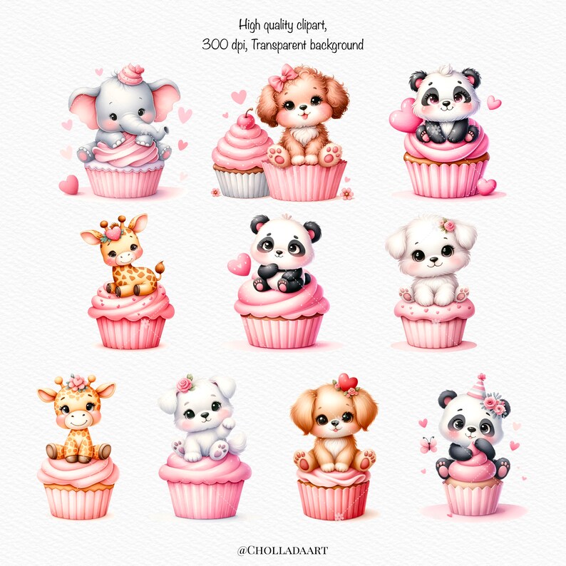 Valentines Animal Cupcakes Clipart, Cute Cupcakes Clipart Bundle ...