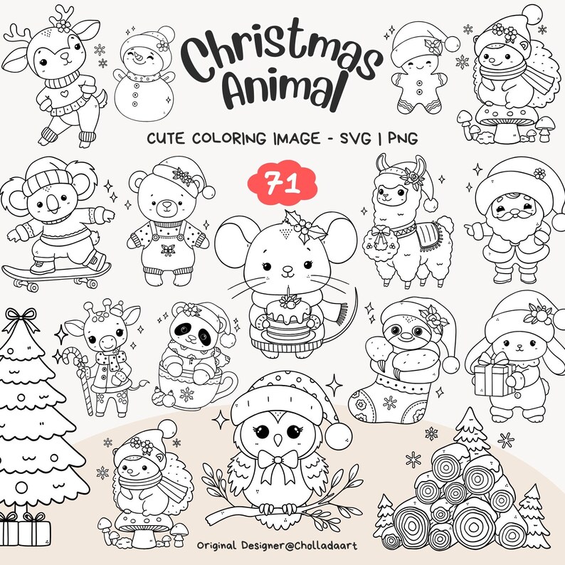 Christmas Animal Coloring Image, Christmas Coloring Image, Animal SVG ...