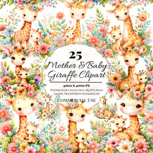 Watercolor Mother and Baby Giraffe Clipart, Giraffe Clipart, Baby ...