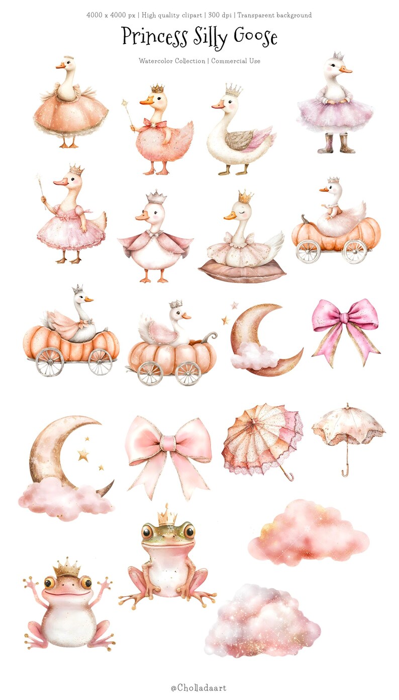 Watercolor Princess Silly Goose Clipart, Watercolor Goose PNG, Silly ...