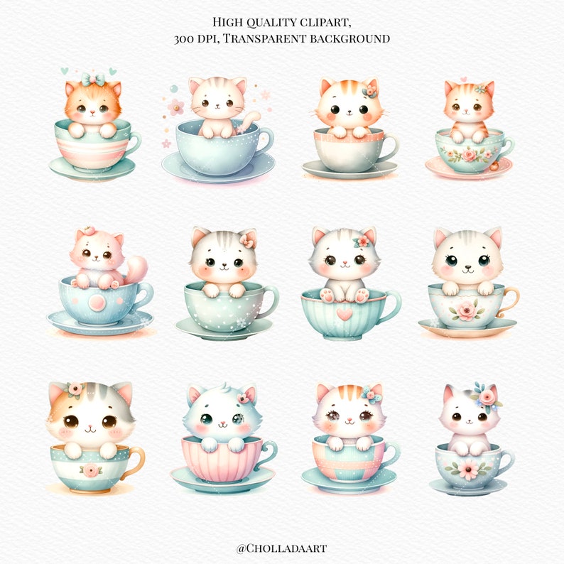 Watercolor Cat in a Teacup Clipart, Cat in a Teacup Watercolor, Cute ...