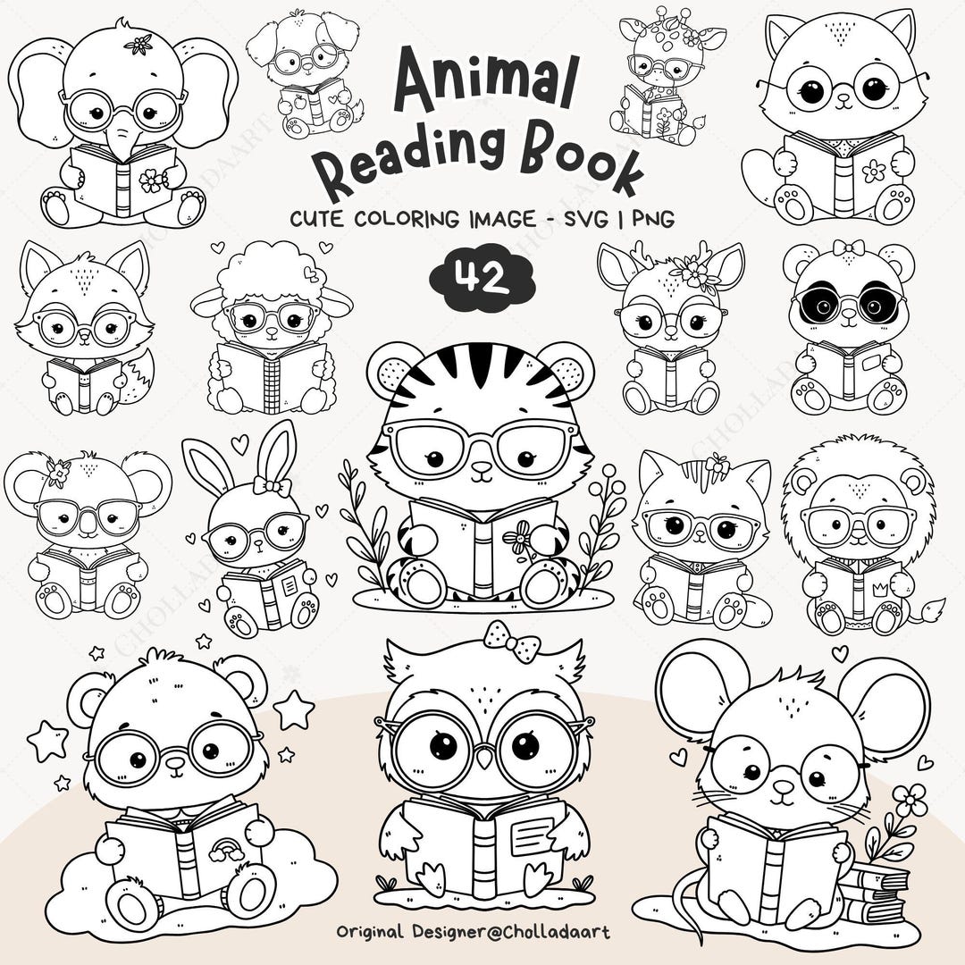 Animal Reading Book Coloring Image, Animal Coloring Image, Animal Book ...