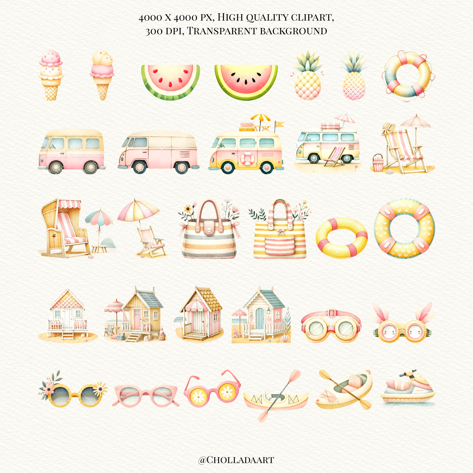 Watercolor Hello Summer Clipart, Watercolor Summer Clipart, Summer ...