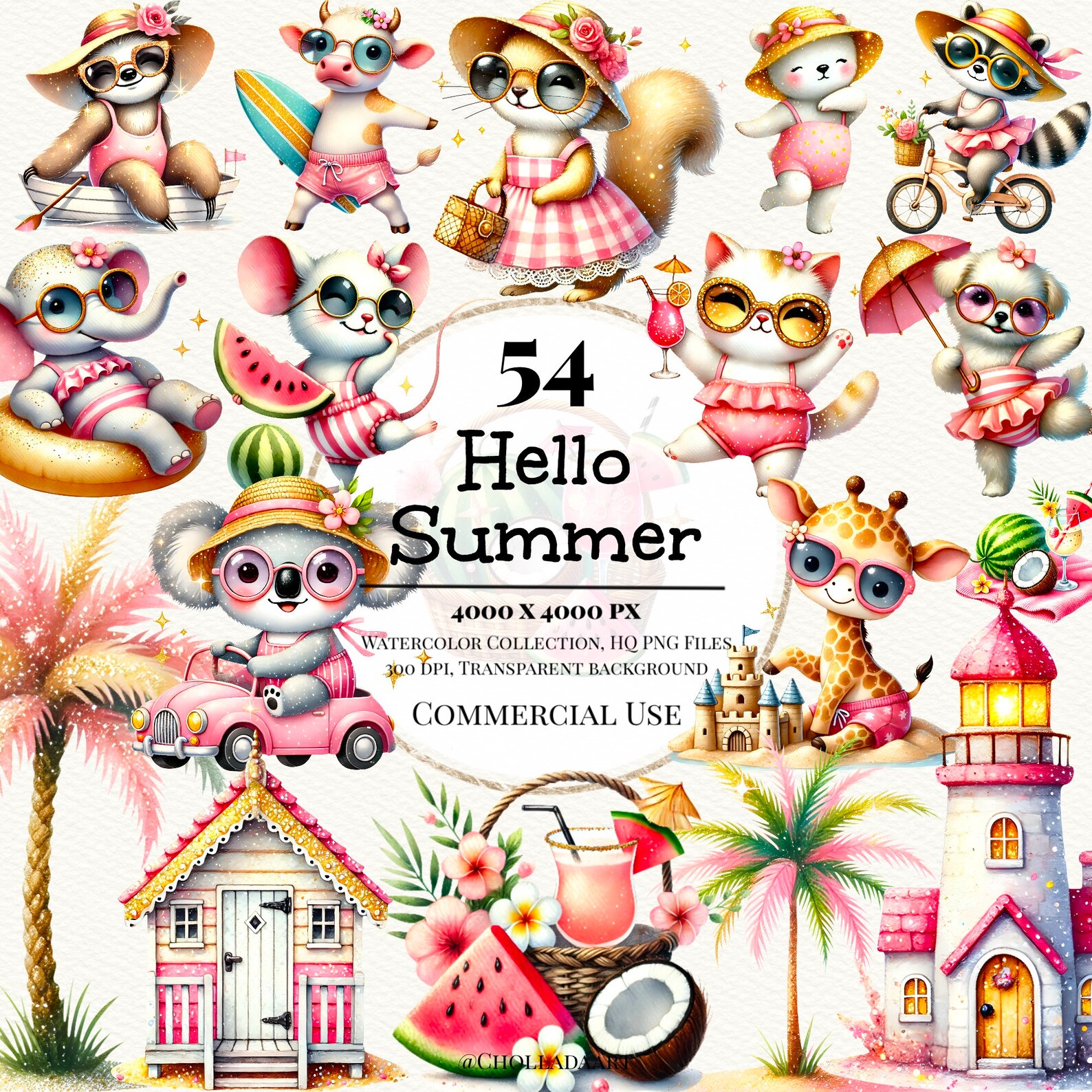 Hello Summer Animals Clipart, Watercolor Summer Animals Clipart, Summer ...