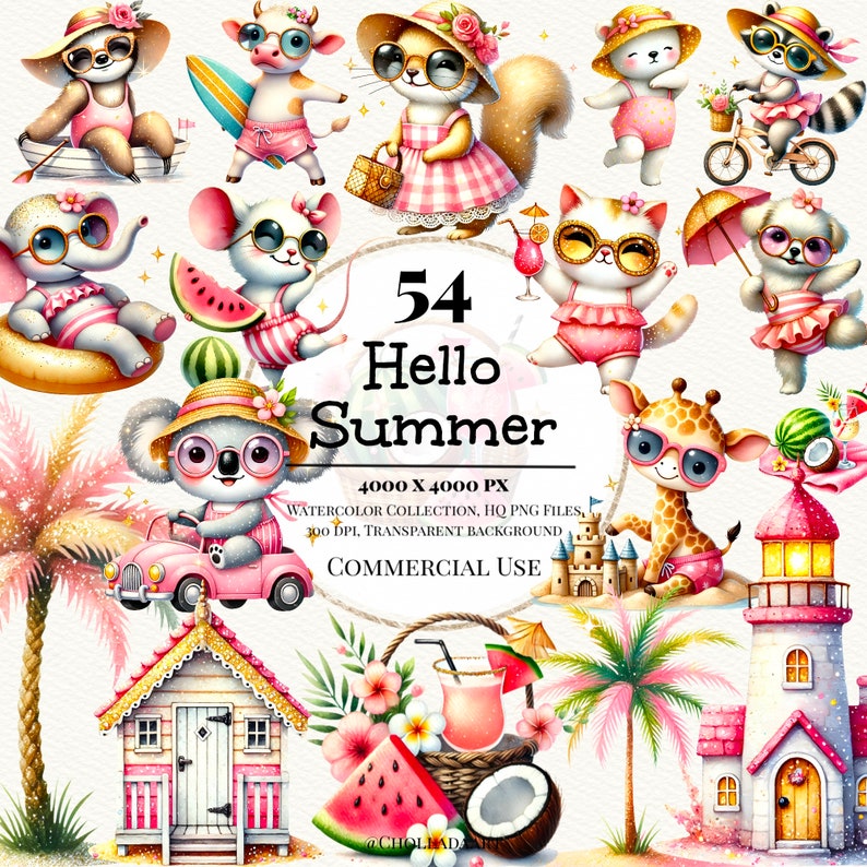 Hello Summer Animals Clipart, Watercolor Summer Animals Clipart, Summer ...