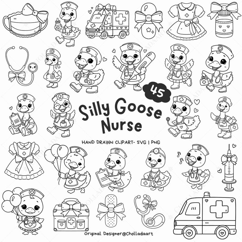 Silly Goose Nurse Clipart Bundle, Animal Doodle SVG PNG (digital ...