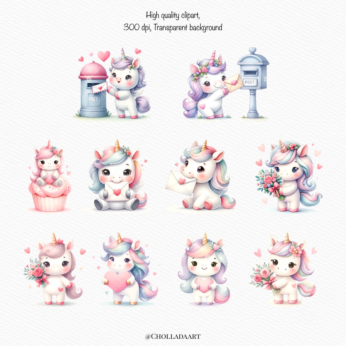 Unicorn Valentines Clipart, Cute Unicorn Clipart, Watercolor Valentines ...
