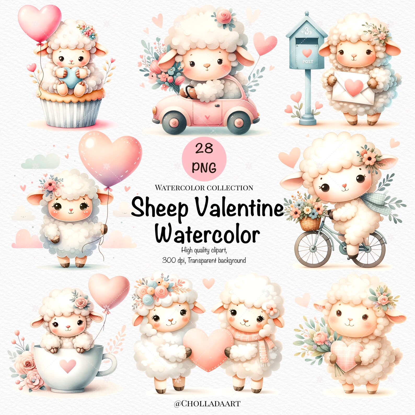 Sheep Valentine Watercolor, Watercolor Sheep Clipart, Sheep Valentine ...