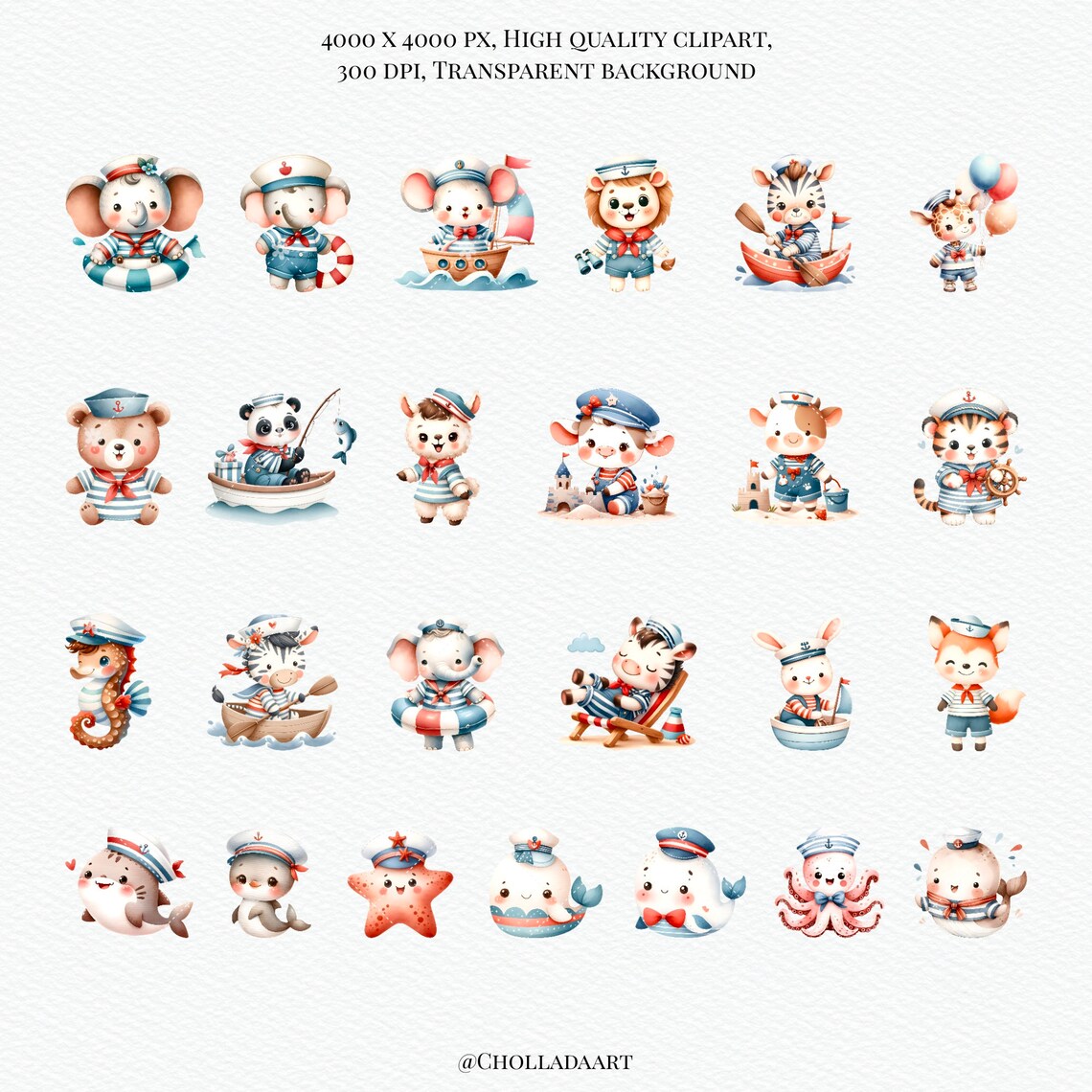 Watercolor Happy Sailor Clipart, Cute Sailor Animals Clipart, Nautical ...